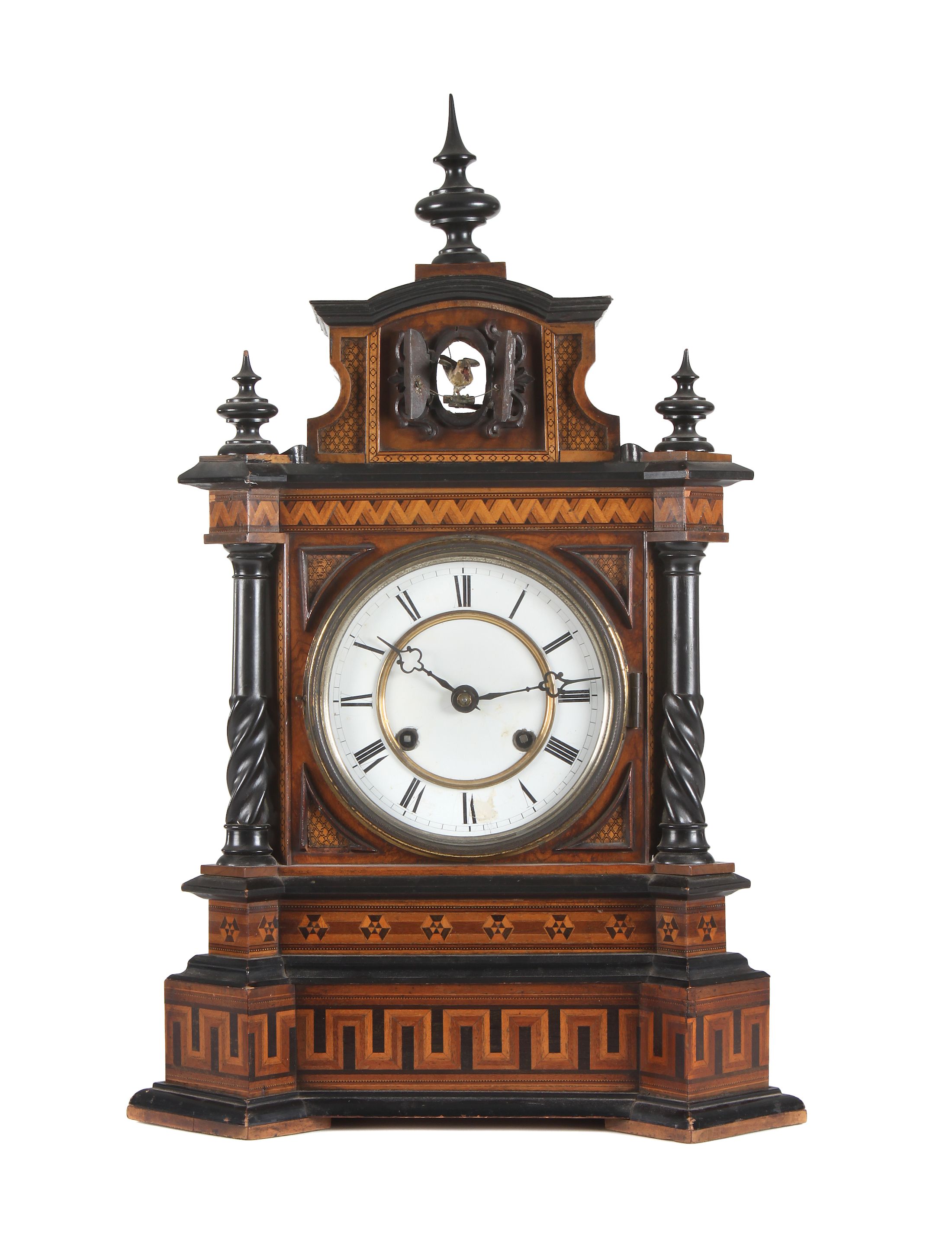 Bonhams : A good 19th Century inlaid walnut twin-fusee 'cuckoo' bracket ...