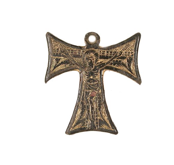 Bonhams : A 15th century gilt bronze tau cross inscribed with a ...
