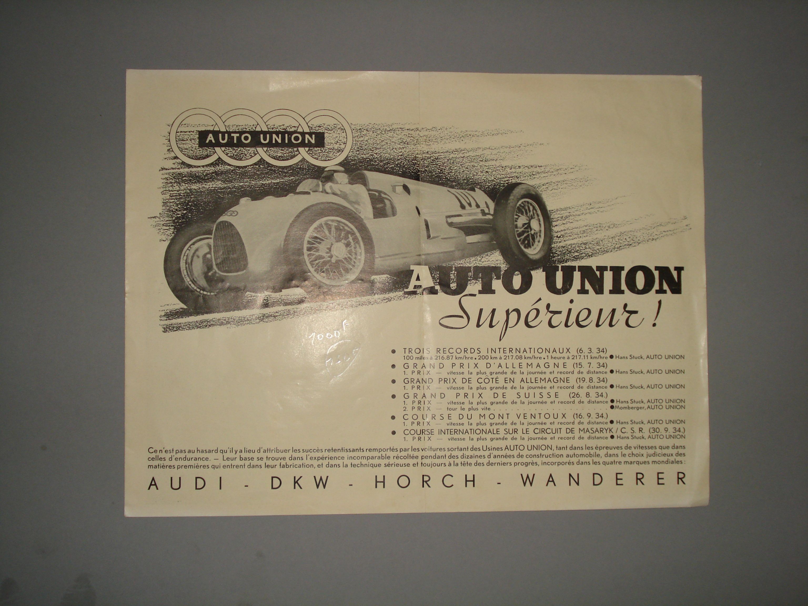 Bonhams Cars : An Auto Union sales sheet,