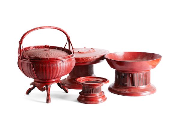 Bonhams : A collection of various Burmese red lacquer ware
