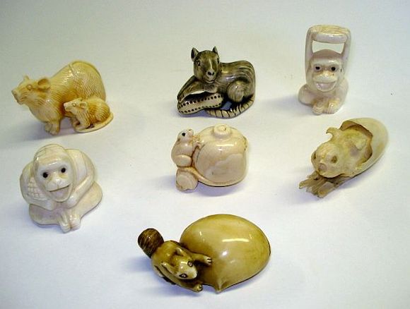 Bonhams : A group of fifteen various carved ivory animal netsuke