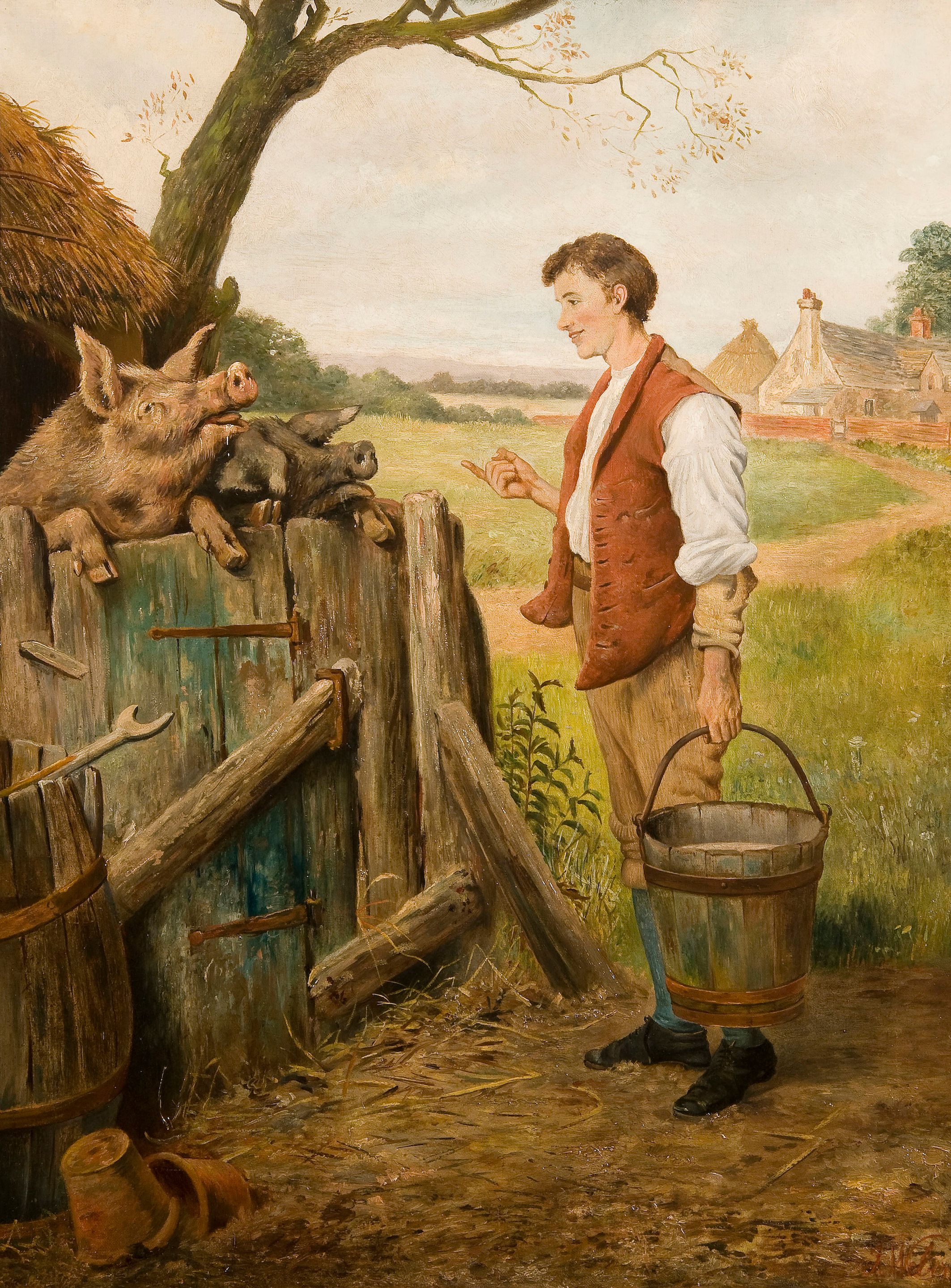 Bonhams : English School, 19th Century Feeding the pigs