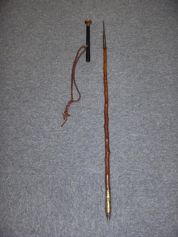 Bonhams A 19th Century Carved Cane With Engraved Brass Mounts Horn Knop And Scew Off Handle