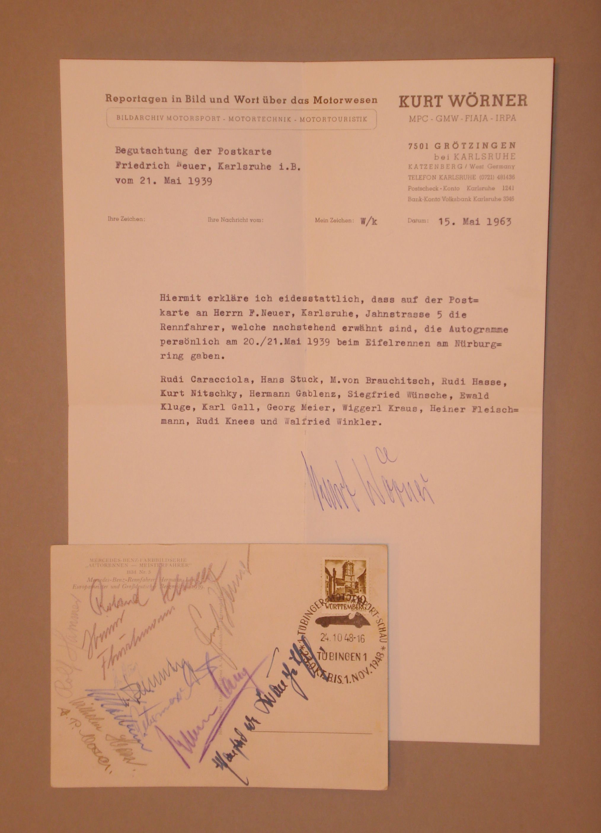 Bonhams Cars : A Hermann Lang postcard bearing many German motor racing ...