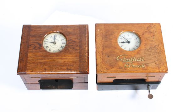 Bonhams : Two oak time recorders 2