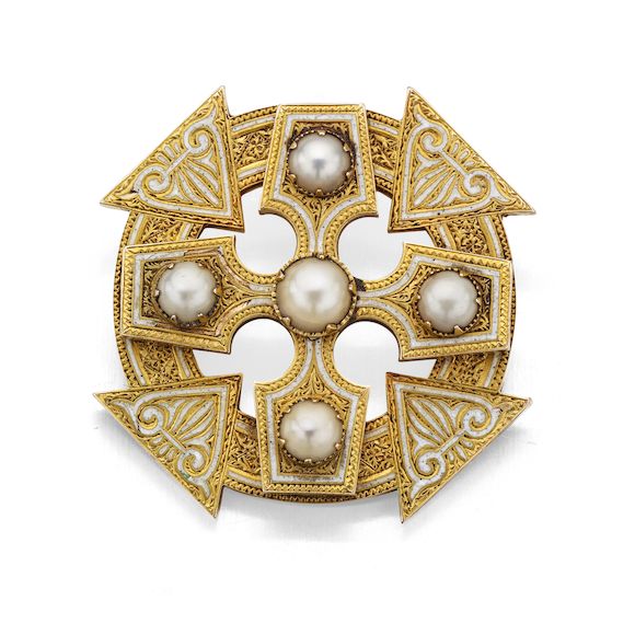 Bonhams : A 19th century Scottish pearl and enamel brooch