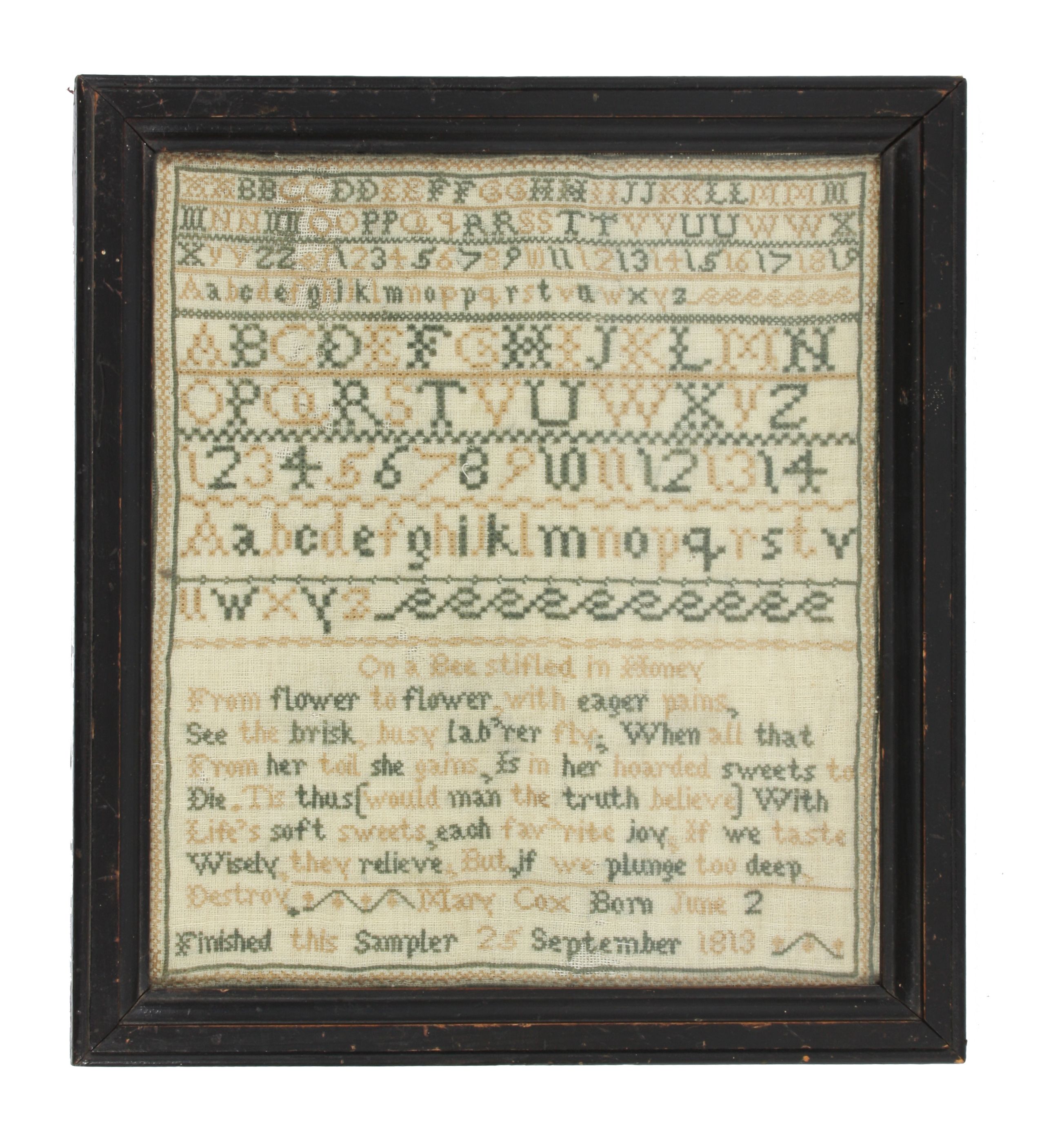 Bonhams : Four 19th century alphabet samplers