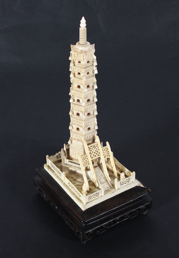 Bonhams : A Chinese carved ivory tower, circa 1900