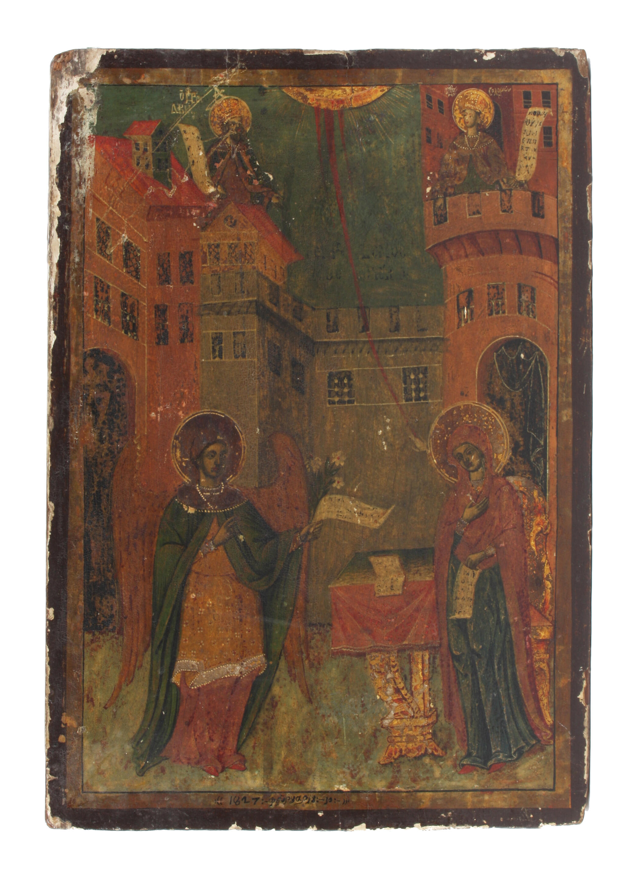 Bonhams : An antique Greek polychrome icon of The Annunciation