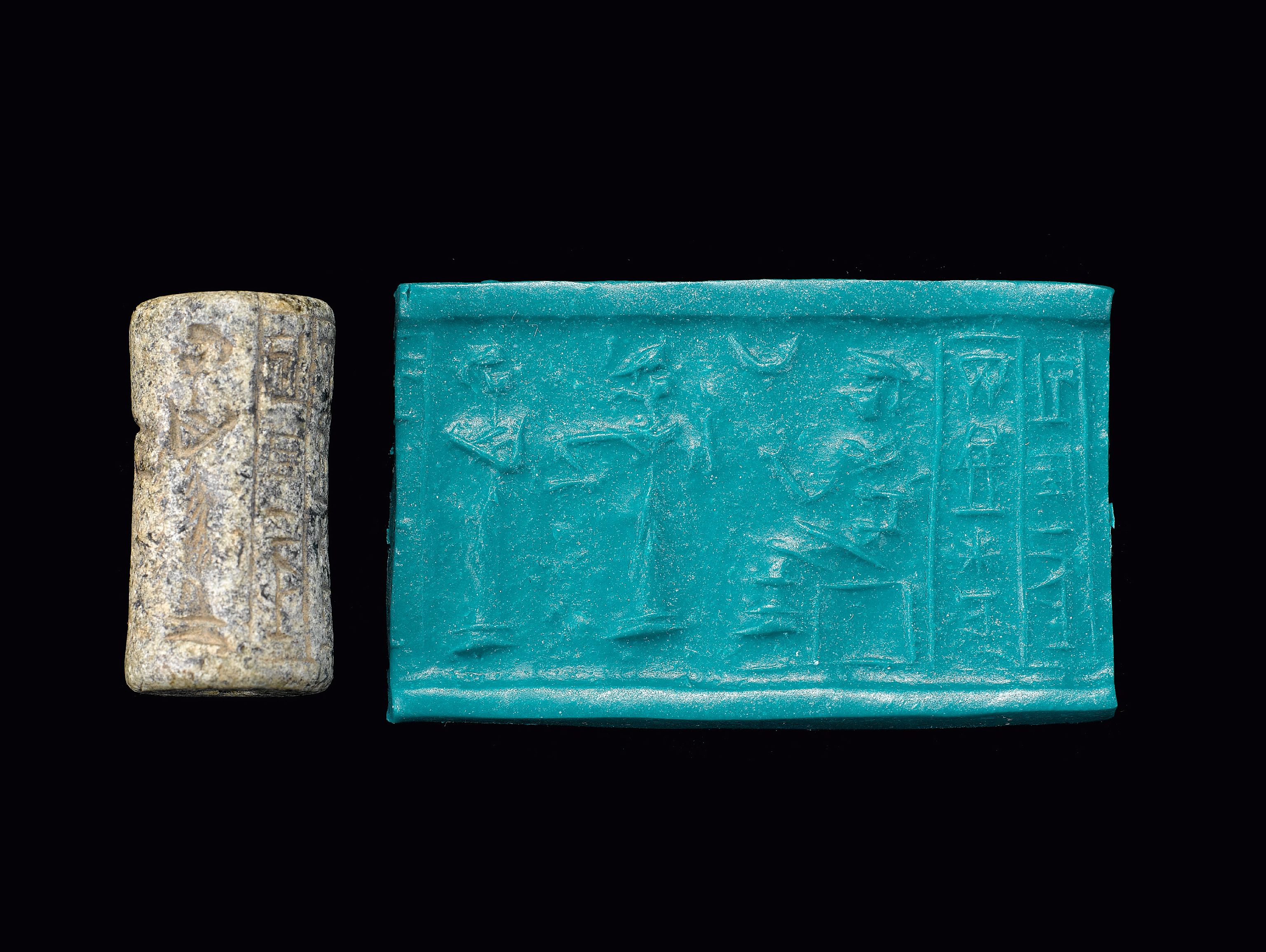 Bonhams : A Mesopotamian green stone cylinder seal