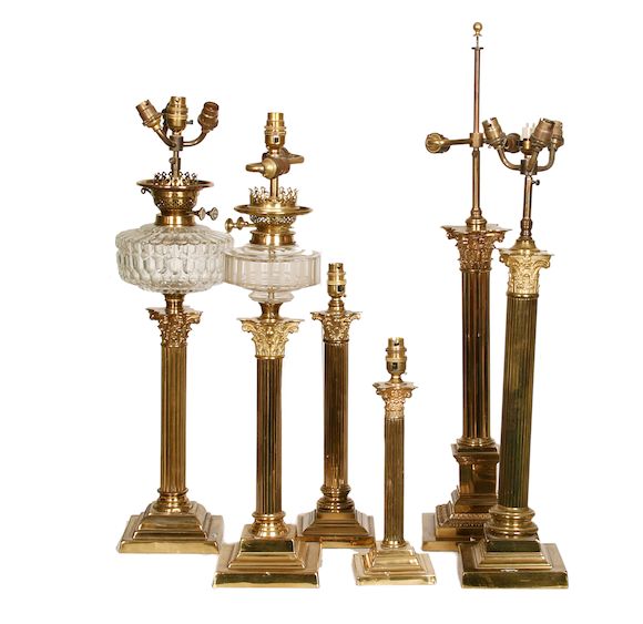 Bonhams : A collection of six various Victorian and later brass lamp ...