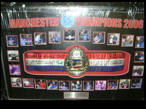 Bonhams : A multi signed boxing belt montage featuring Manchester boxers