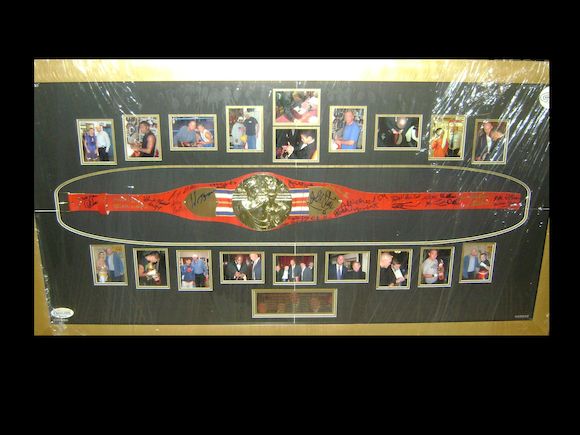 Bonhams : A multi signed boxing belt montage - World/British Champions