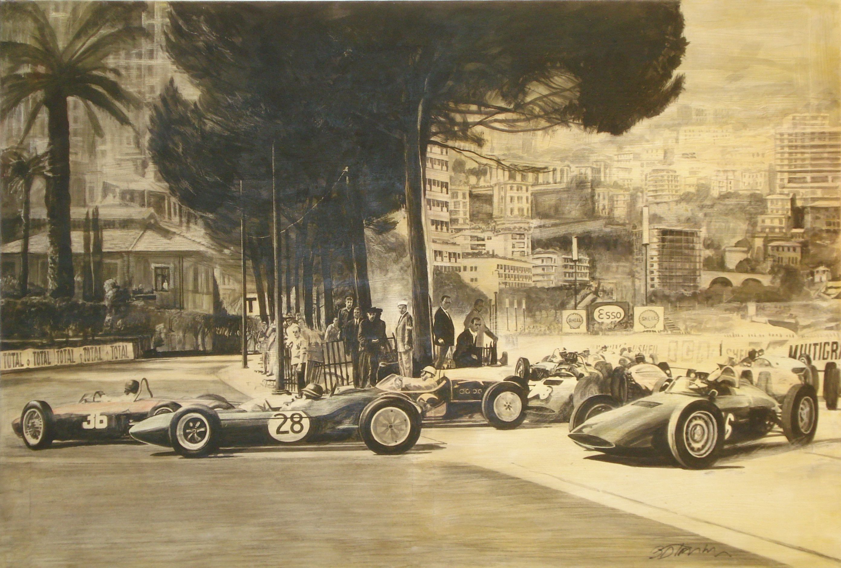Bonhams Cars : B D Taylor: Monaco Grand Prix, two mixed media paintings,