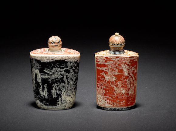 Bonhams : Two stained ivory snuff bottles; with stoppers One with ...