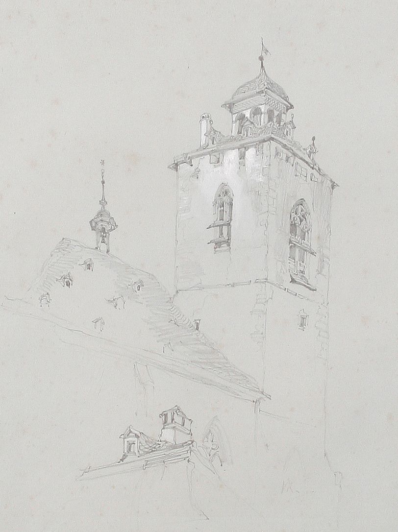 Bonhams : John Ruskin (British, 1819-1900) Study of a church tower ...