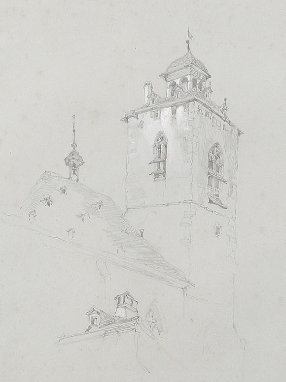 Bonhams : John Ruskin (British, 1819-1900) Study of a church tower ...