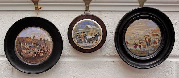 Bonhams : A Prattware pot lid 'Alas Poor Bruin', framed; together with ...