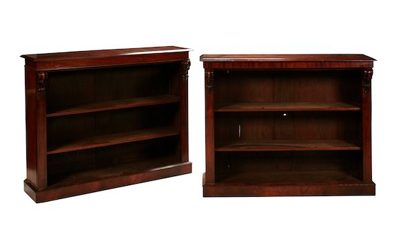 Bonhams : A very near pair of Victorian style mahogany open bookcases