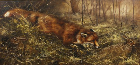 Bonhams : Mick Cawston (British, born 1959) Fox chasing down a rabbit ...