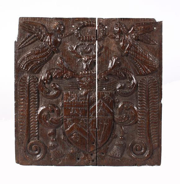 Bonhams : A fine 16th Century carved oak armorial panel