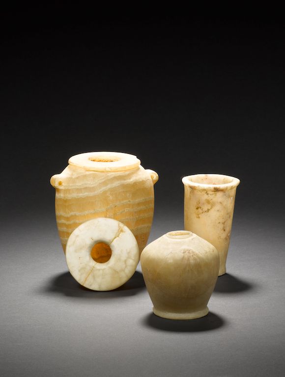 Bonhams : Three Egyptian alabaster vessels and an alabaster disc, 4