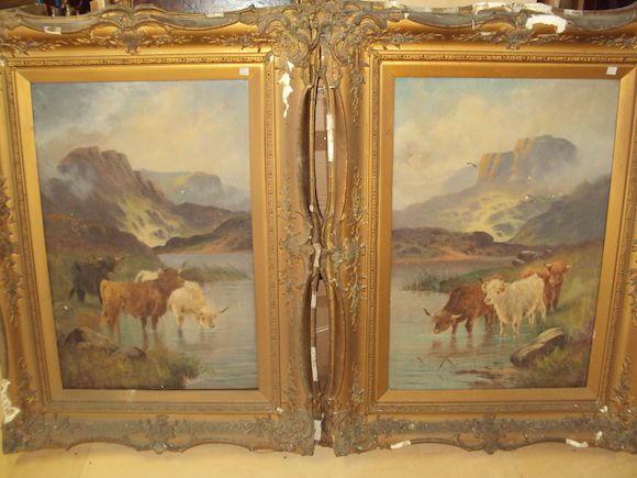 Bonhams : H. Calvert (British School, circa 1900) Highland cattle at ...