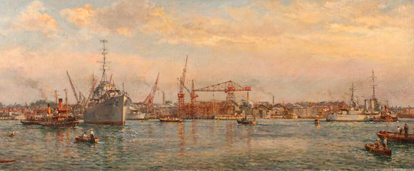 Bonhams : Bernard Gribble - Southampton Docks, oil on board