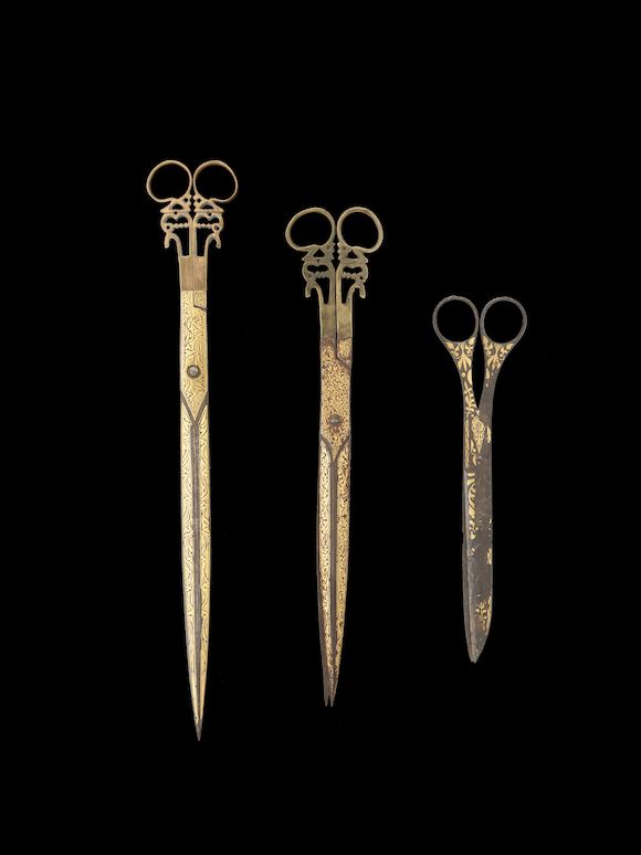 Bonhams : A pair of Ottoman gold-damascened steel Scribe's Scissors ...