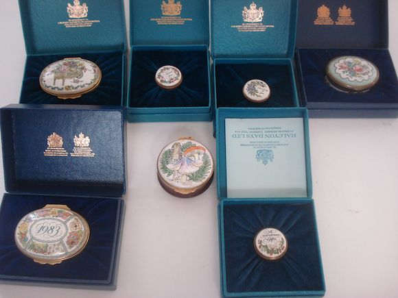 Bonhams : A collection of six Halcyon Days enamel boxes