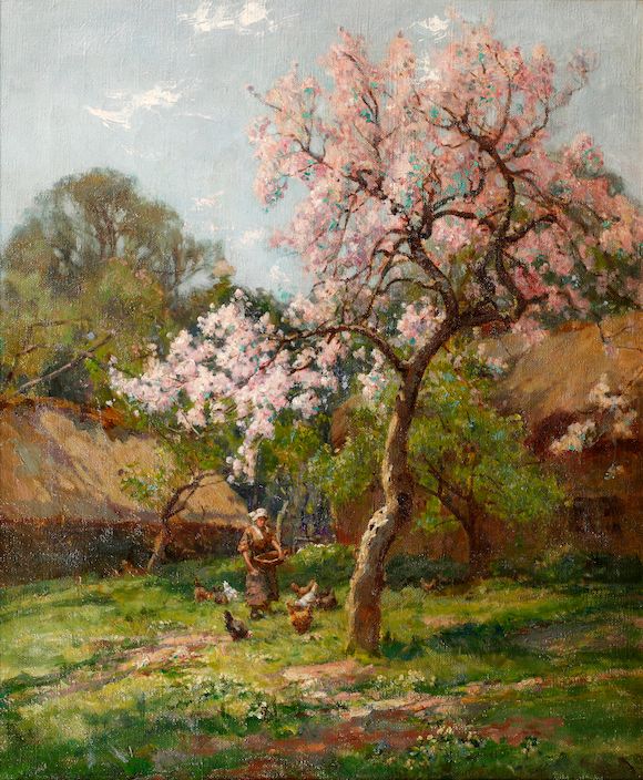 Bonhams : British School, late 19th Century Maid feeding chickens in a ...