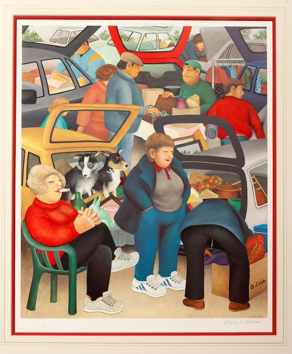 Bonhams : Beryl Cook (British, 1926-2008) Car boot sale signed in pencil coloured print 50 x 41cm.