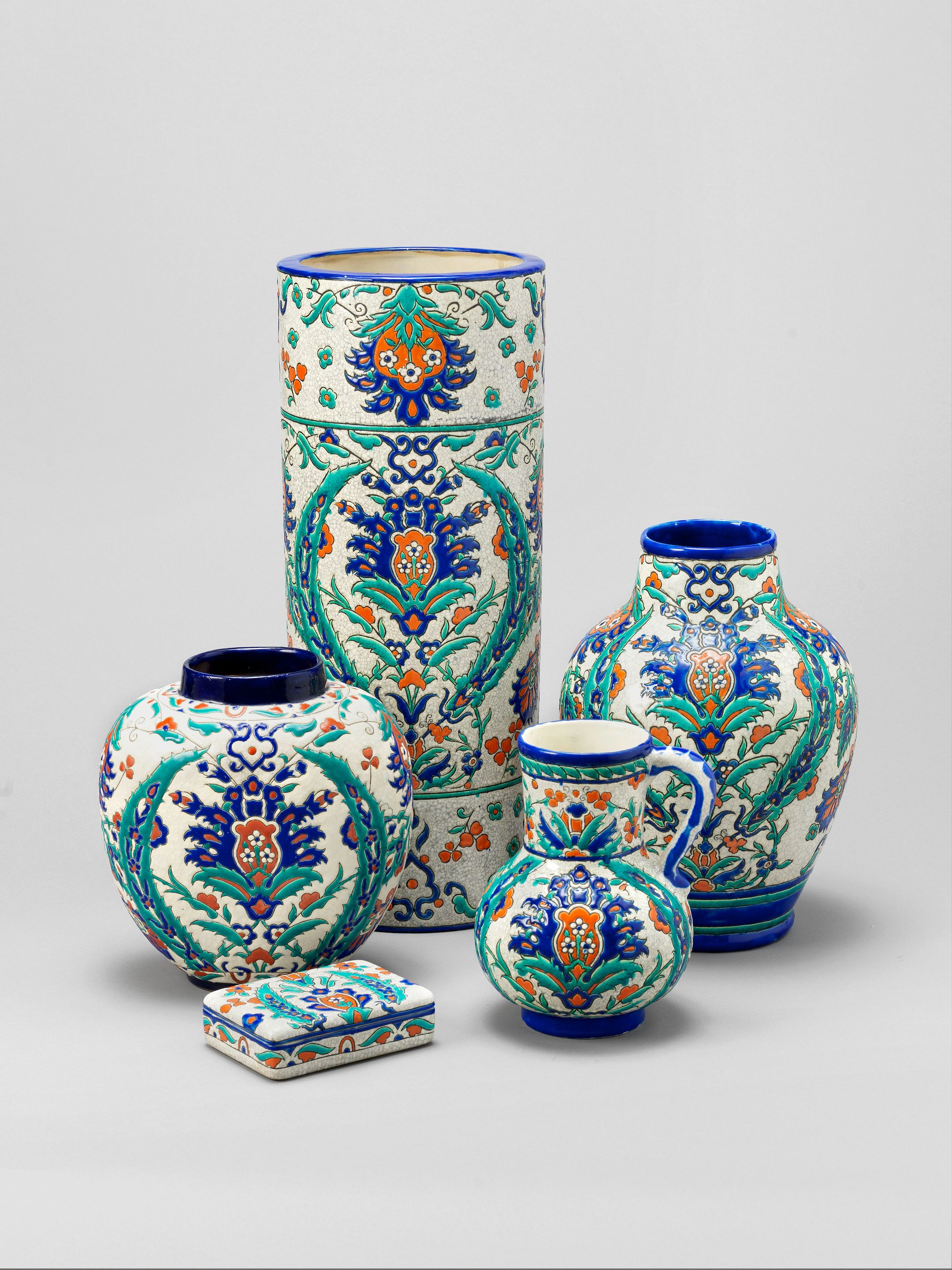 Bonhams : A group of Iznik style Keramis pottery Vessels Belgium, early 20th Century(5)