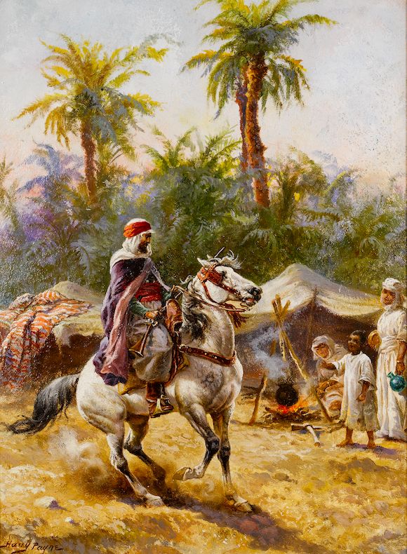 Bonhams : Harry Payne (British, 1858-1927) An Arab horseman in a village