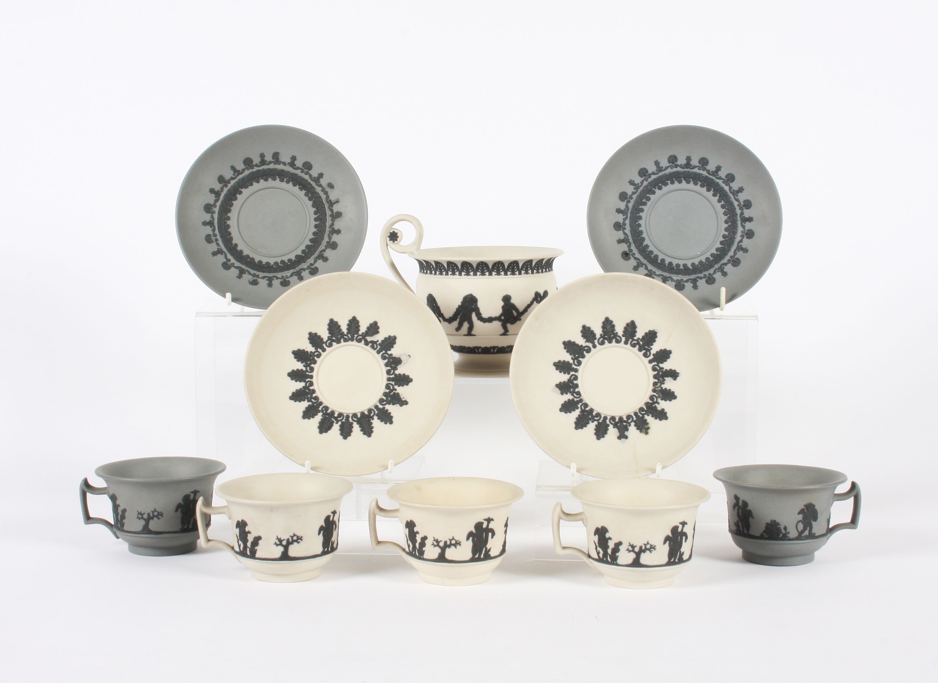 Bonhams : Three white jasper ware cups and two saucers, a cabinet cup ...