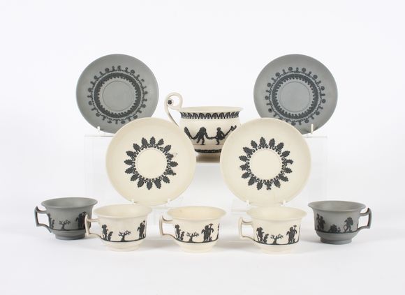 Bonhams : Three white jasper ware cups and two saucers, a cabinet cup ...