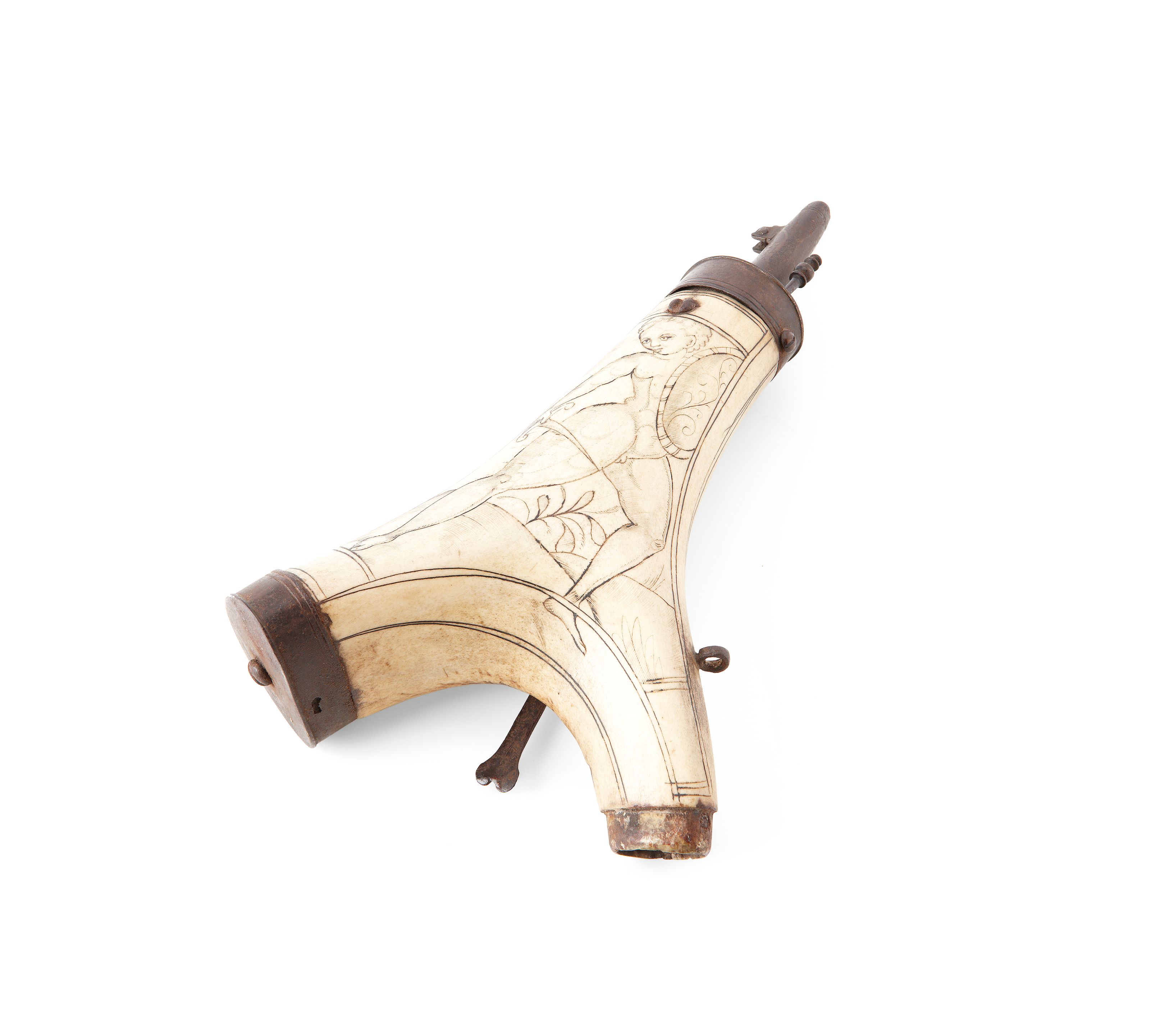 Bonhams : A 17th century German bone and steel powder flask