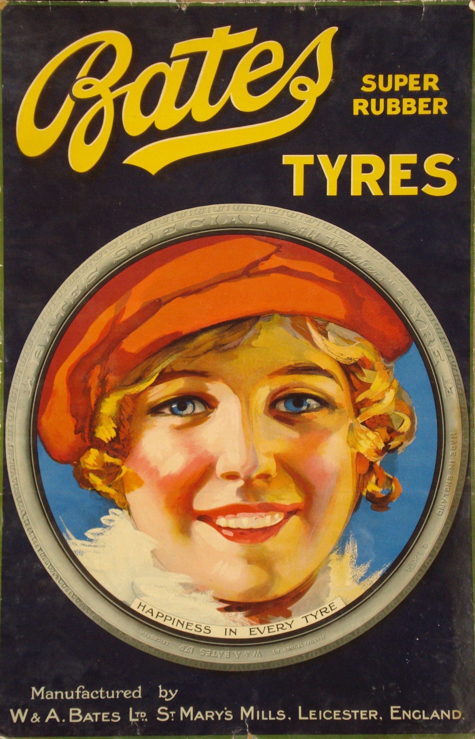 Bonhams Cars : A 'Bates Super Rubber Tyres' advertising poster,
