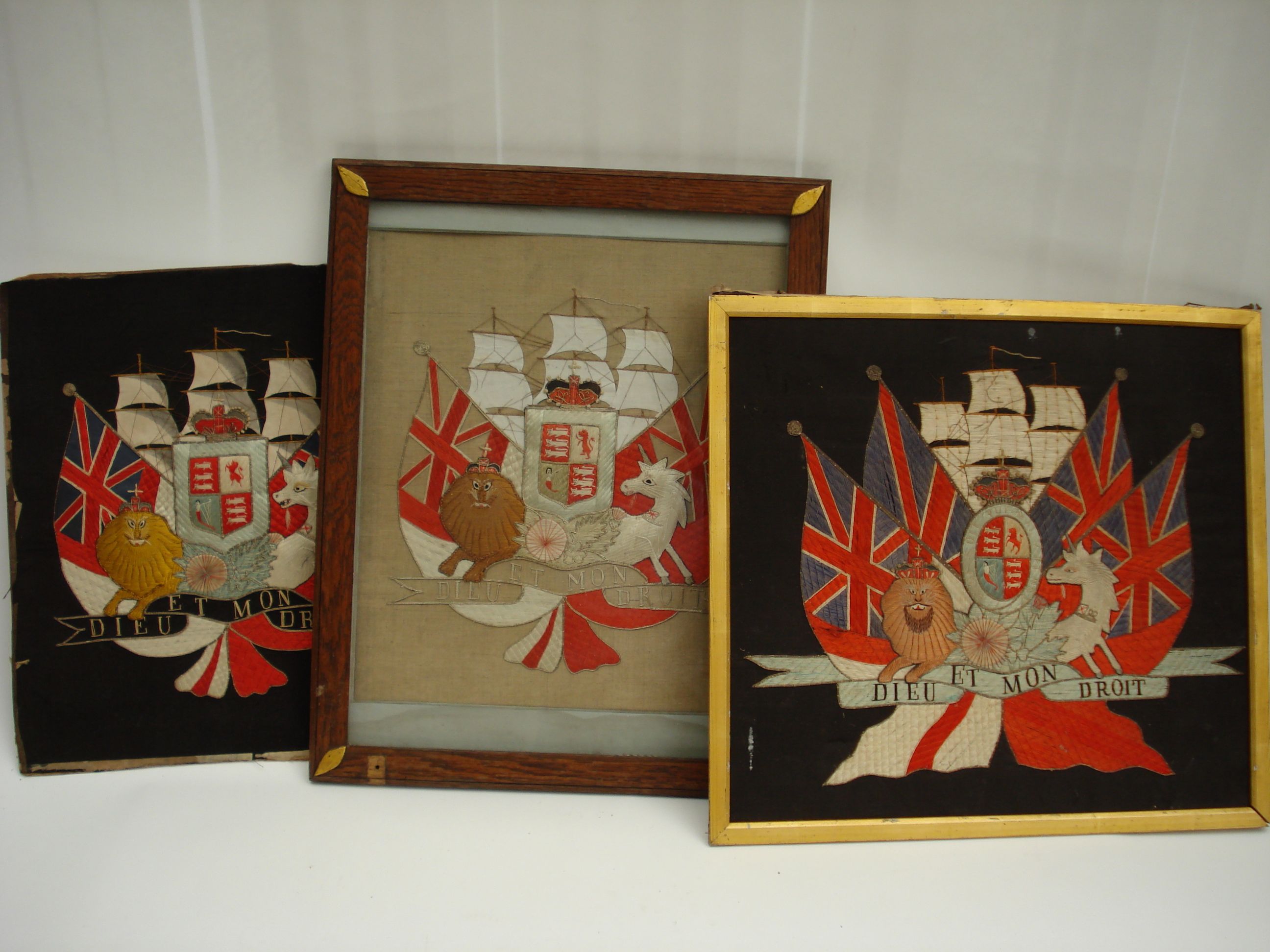 Bonhams : Three embroidered panels of naval interest, 19th century