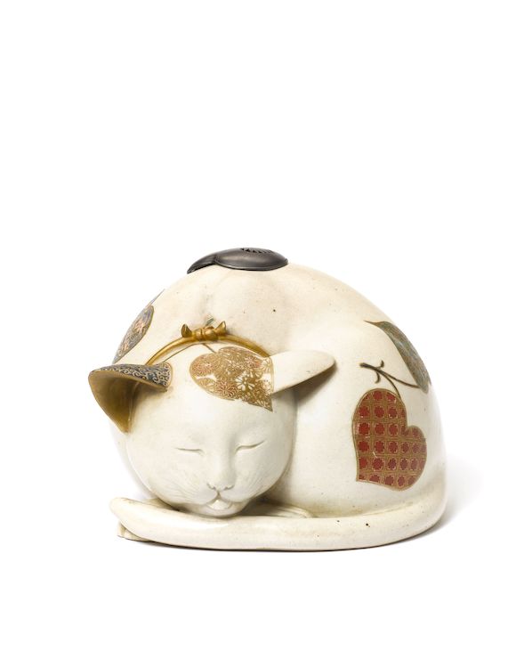 Bonhams : An unusual Satsuma koro and cover in the form of a cat Meiji ...