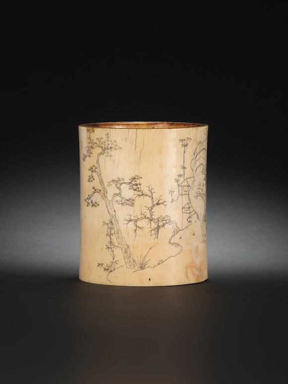 Bonhams : An ivory brush pot, bitong 18th century