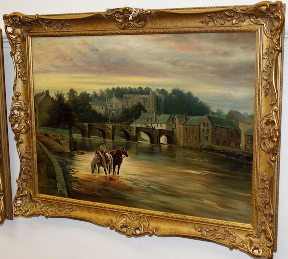 Bonhams : George Willis Pryce (1866-1949) Watering horses by a bridge ...