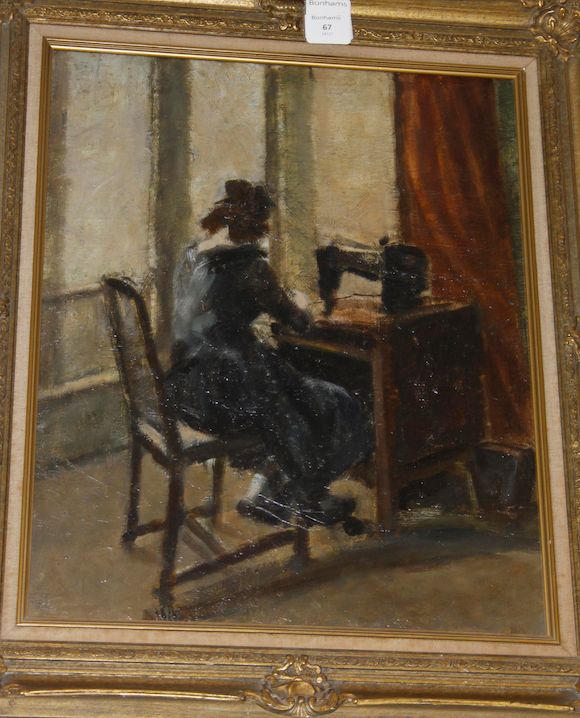 Bonhams : Kenneth Alsop Woman sewing in an interior,