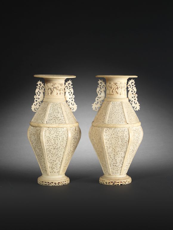Bonhams : A pair of reticulated ivory vases 19th century