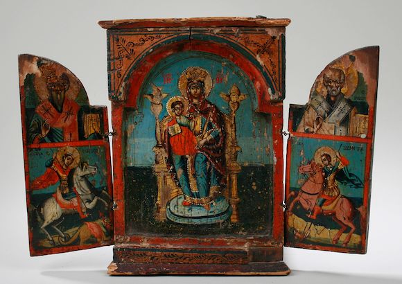 Bonhams : An Eastern Orthodox carved triptych icon17th/18th Century