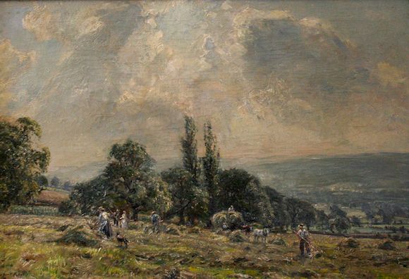 Bonhams : Herbert F. Royle (British, 1870-1958) Hay raking in an ...