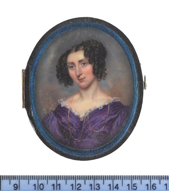 Bonhams : English School, 1834 A Lady, wearing purple dress with white ...