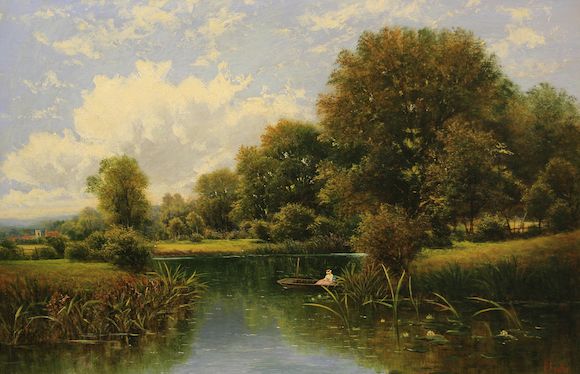 Bonhams : Edward Foster (British, 1762-1864) River landscape with lady ...