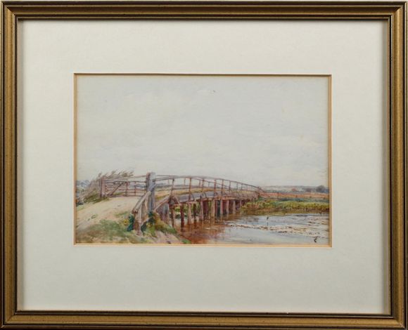 Bonhams : Walter Field (English, 1837-1901) Wooden bridge over a river