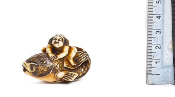 Bonhams : An ivory netsuke of Oniwaka on a giant carp By Tokyoku, 19th ...
